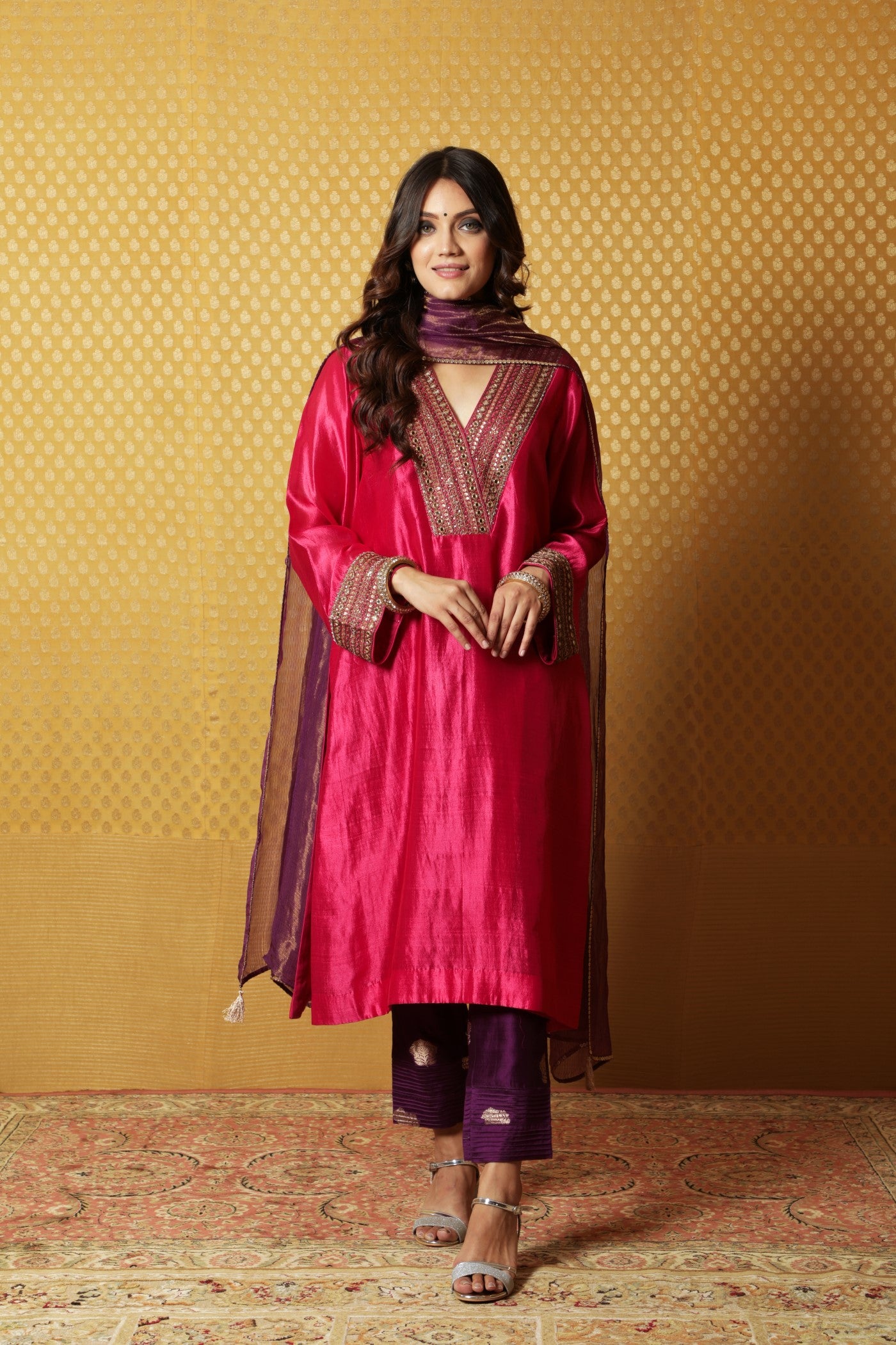 Hand Embroidered Dusty Lime Pure Silk Kurta Pants Set Purple Pants